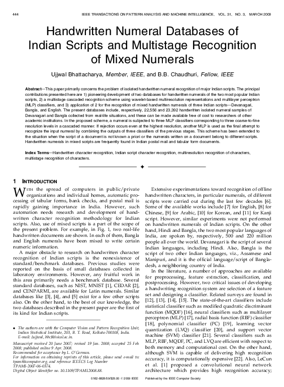 (PDF) Handwritten Numeral Databases of Indian Scripts and Multistage Recognition of Mixed Numerals