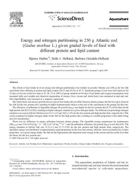 (PDF) Energy and nitrogen partitioning in 250 g Atlantic cod (Gadus ...