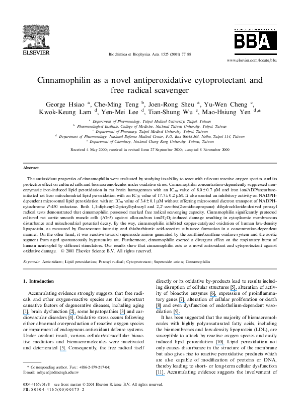 (PDF) Cinnamophilin as a novel antiperoxidative cytoprotectant and free ...