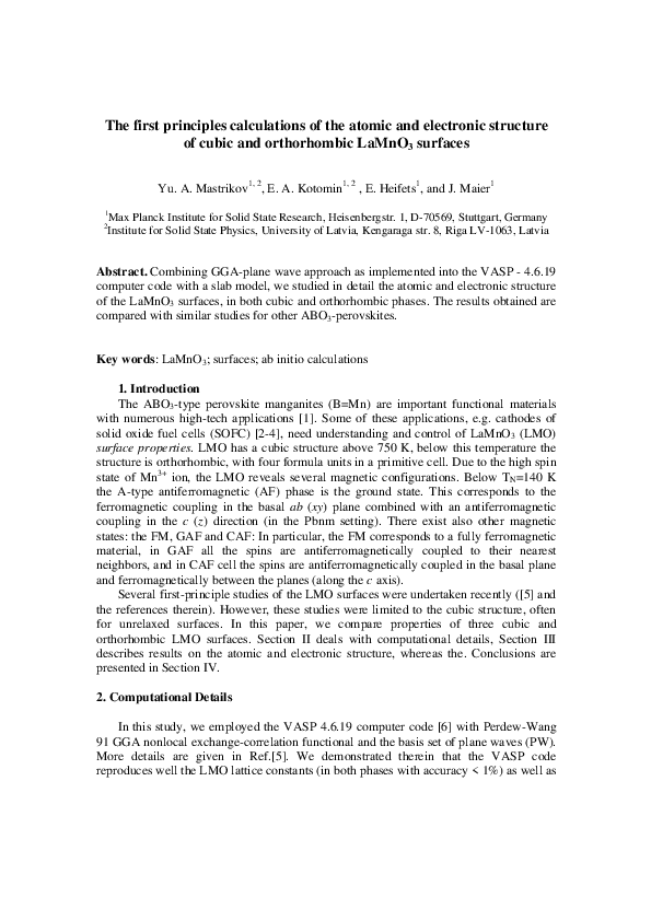(PDF) First-Principles Calculations of the Atomic and Electronic Structure of CaTiO 3 (111) Surfaces