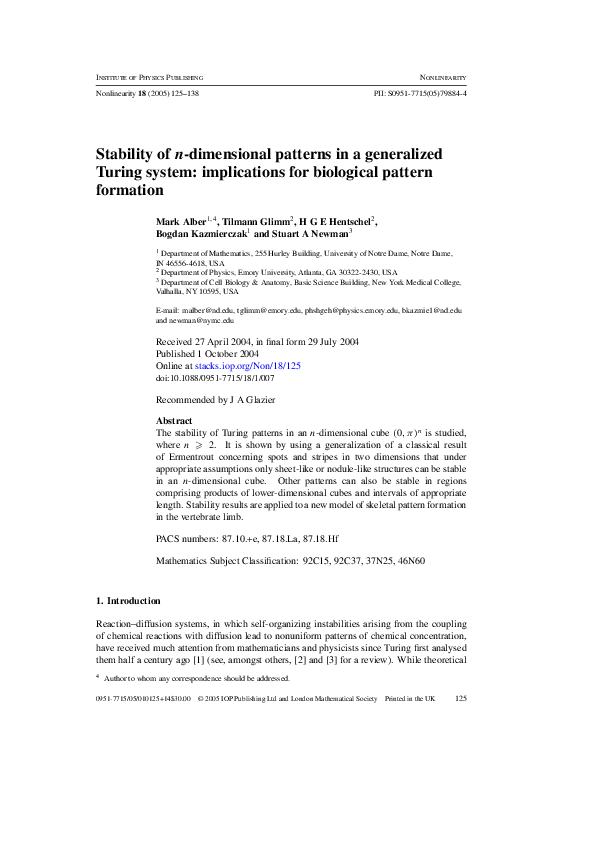 (PDF) Stability of n -dimensional patterns in a generalized Turing system: implications for ...