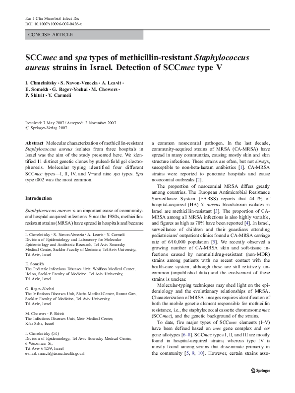 (PDF) SCCmec and spa types of methicillin-resistant Staphylococcus aureus strains in Israel ...