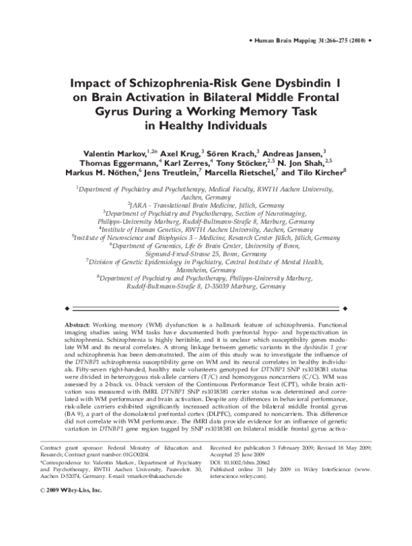 (PDF) Impact of schizophrenia-risk gene dysbindin 1 on brain activation ...