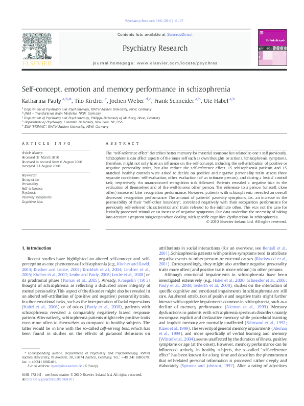 (PDF) Self-concept, emotion and memory performance in schizophrenia