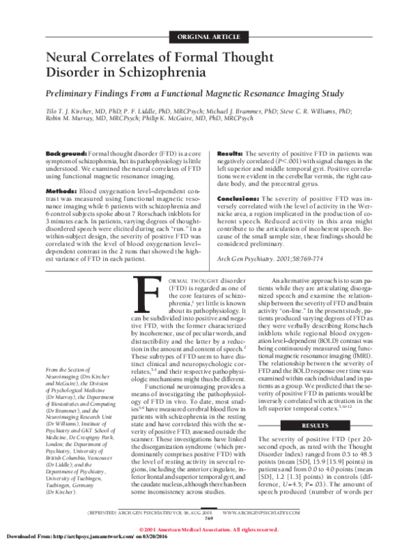 (PDF) Neural Correlates of Formal Thought Disorder in Schizophrenia