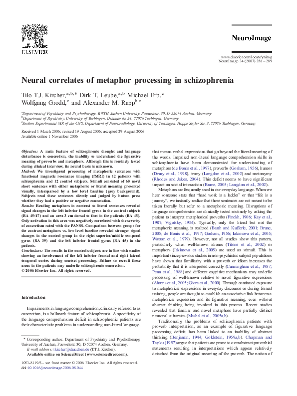 (PDF) Neural correlates of metaphor processing in schizophrenia