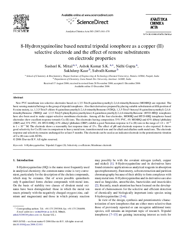 (PDF) 8-Hydroxyquinoline based neutral tripodal ionophore as a copper ...