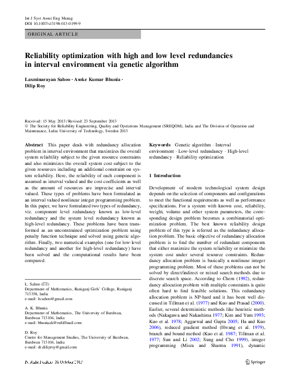 (PDF) Reliability optimization with high and low level redundancies in interval environment via ...