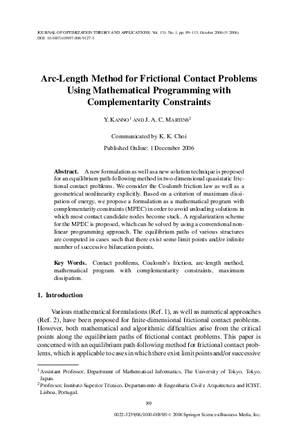 Pdf Arc Length Method For Frictional Contact Problems Using