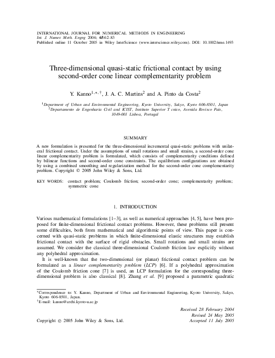 (PDF) Three-dimensional quasi-static frictional contact by using second-order cone linear ...