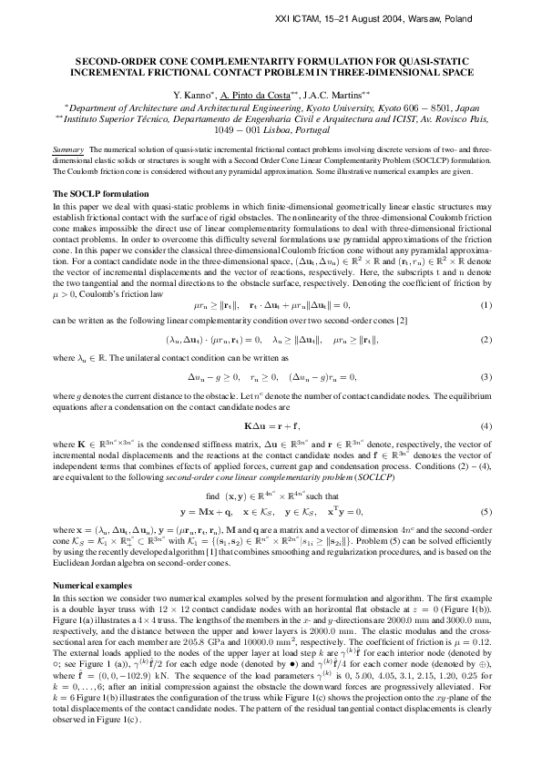 Pdf Second Order Cone Complementarity Formulation For Quasi Static Incremental Frictional 