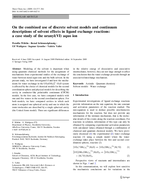 (PDF) On the combined use of discrete solvent models and continuum descriptions of solvent ...