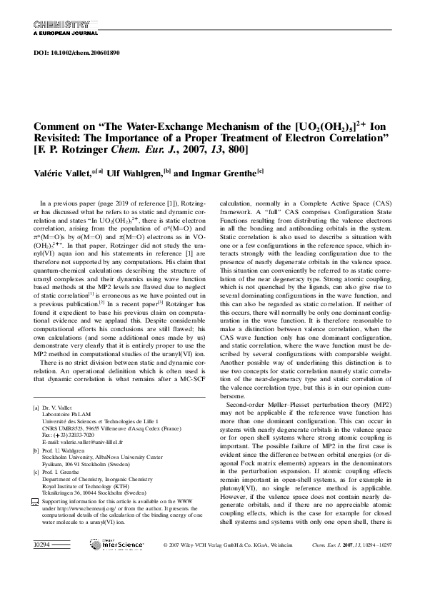 (PDF) Comment on “The Water-Exchange Mechanism of the [UO2(OH2)5]2+ Ion ...