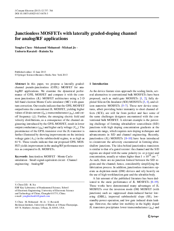 (PDF) Junctionless MOSFETs with laterally graded-doping channel for analog/RF applications