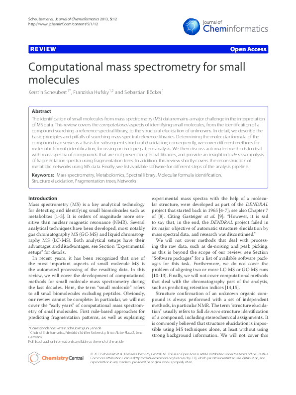 Pdf Computational Mass Spectrometry For Small Molecules