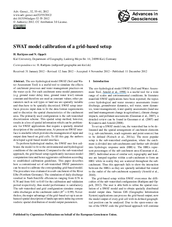 Pdf Swat Model Calibration Of A Grid Based Setup
