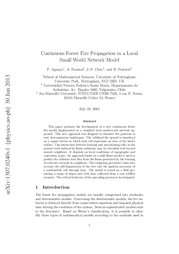 Pdf Continuous Forest Fire Propagation In A Local Small World Network Model