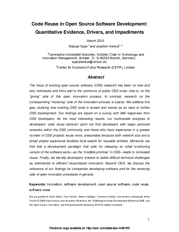 Pdf Code Reuse In Open Source Software Development Quantitative