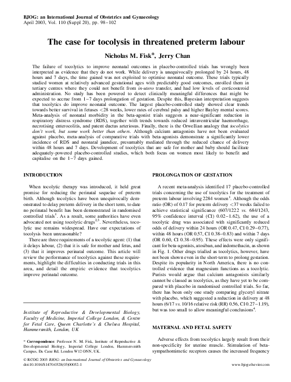 (PDF) Maintenance Tocolysis With Nifedipine in Threatened Preterm ...