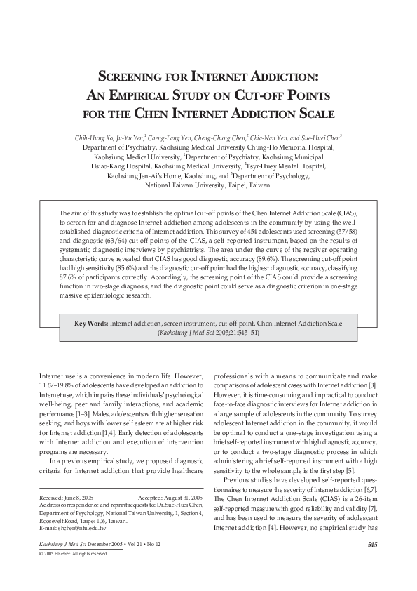 (PDF) Screening for Internet Addiction: An Empirical Study on Cut-off ...