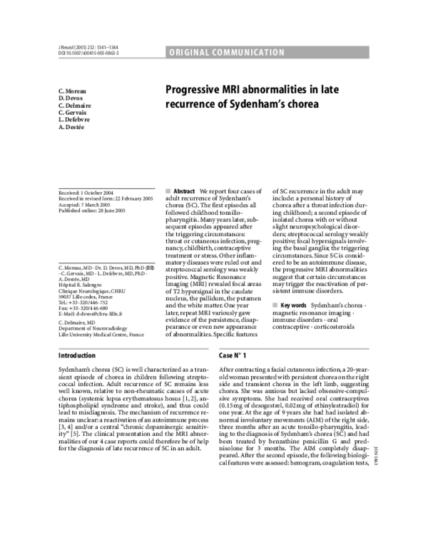 (PDF) Progressive MRI abnormalities in late recurrence of Sydenham's chorea