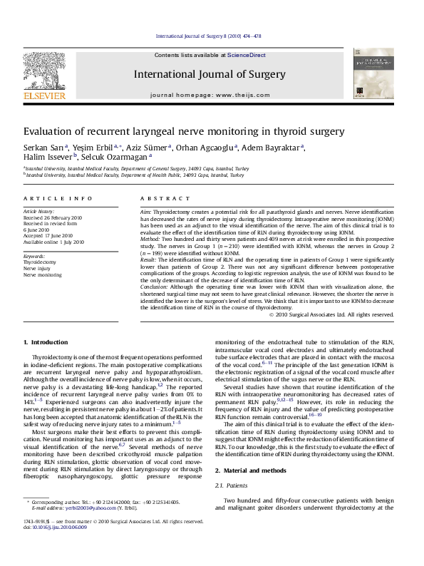 (PDF) Evaluation of recurrent laryngeal nerve monitoring in thyroid surgery