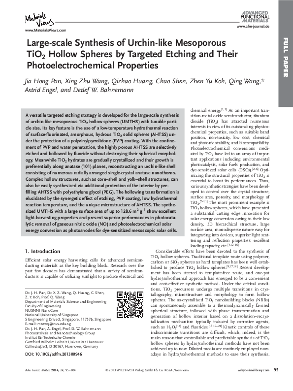 (PDF) Large-scale Synthesis of Urchin-like Mesoporous TiO 2 Hollow ...