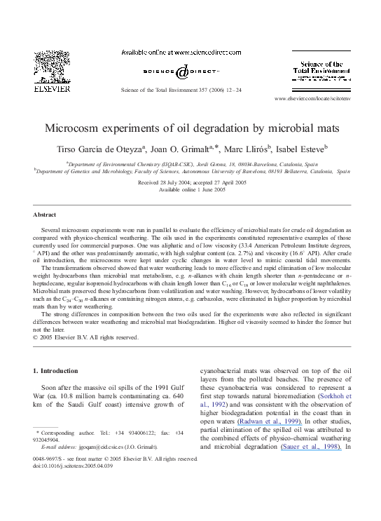 (PDF) Microcosm experiments of oil degradation by microbial mats. II ...