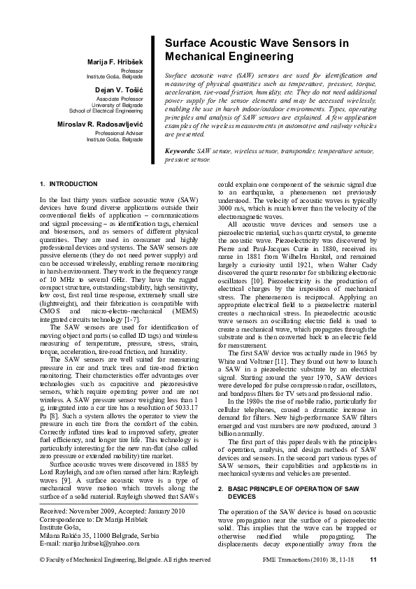 (PDF) Surface Acoustic Wave Sensors in Mechanical Engineering