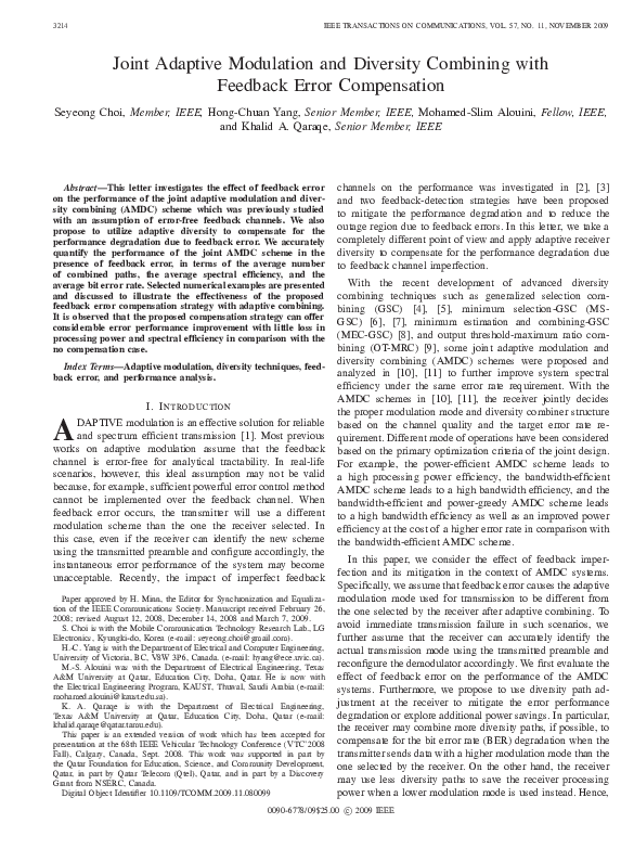 Pdf Joint Adaptive Modulation And Diversity Combining With Feedback Error Compensation