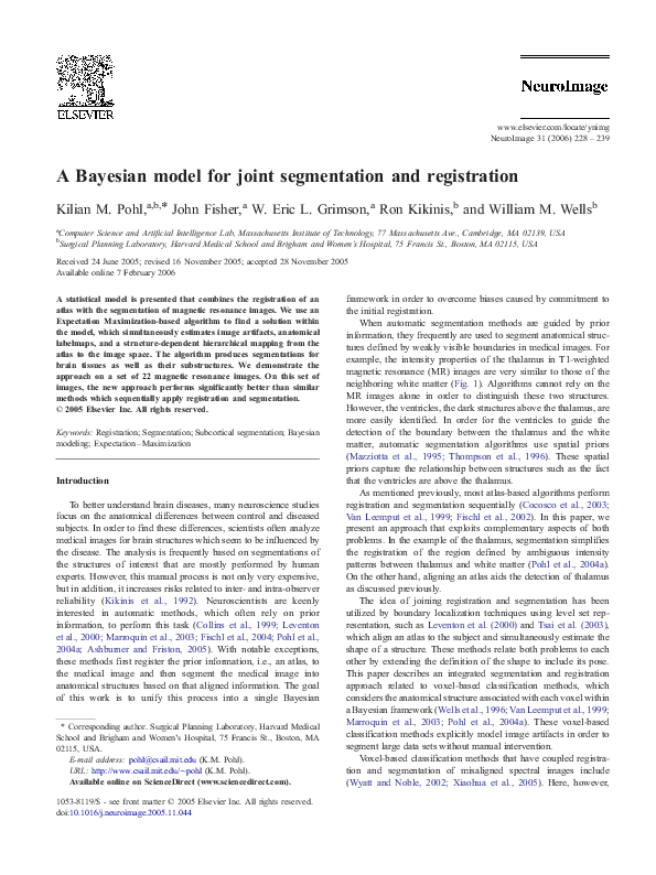 Pdf A Bayesian Model For Joint Segmentation And Registration