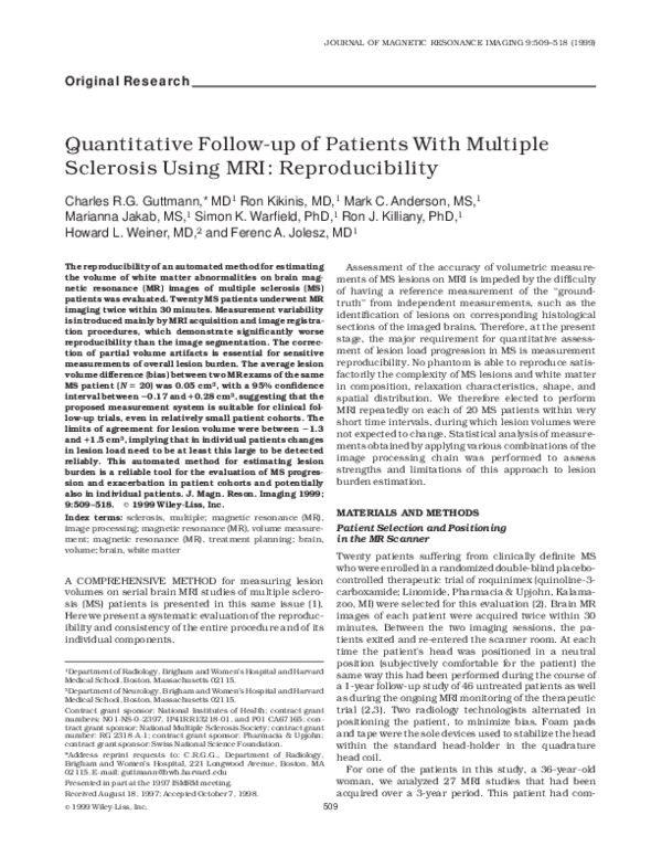 (PDF) Quantitative follow‐up of patients with multiple sclerosis using MRI: Technical aspects