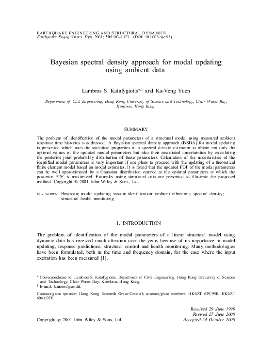 (PDF) Bayesian spectral density approach for modal updating using ambient data