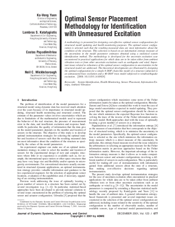(PDF) Optimal Sensor Placement Methodology for Identification with Unmeasured Excitation | Ka ...