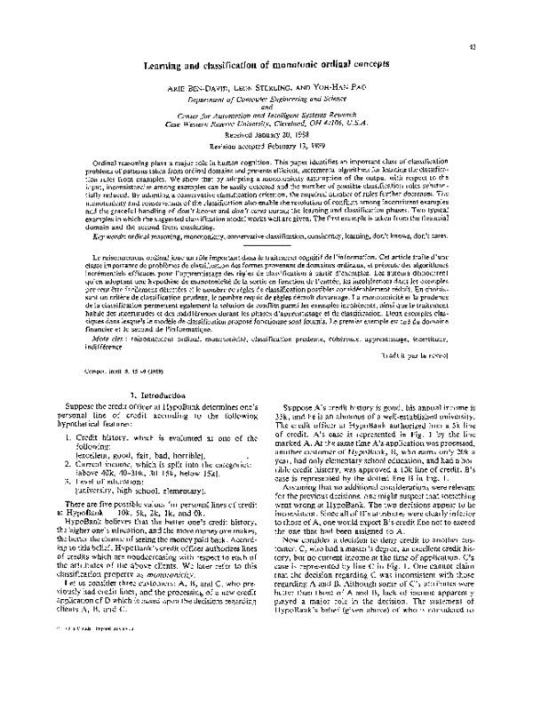 (PDF) Learning and classification of monotonic ordinal concepts