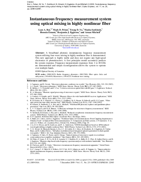 (PDF) Instantaneous frequency measurement system using optical mixing in highly nonlinear fiber