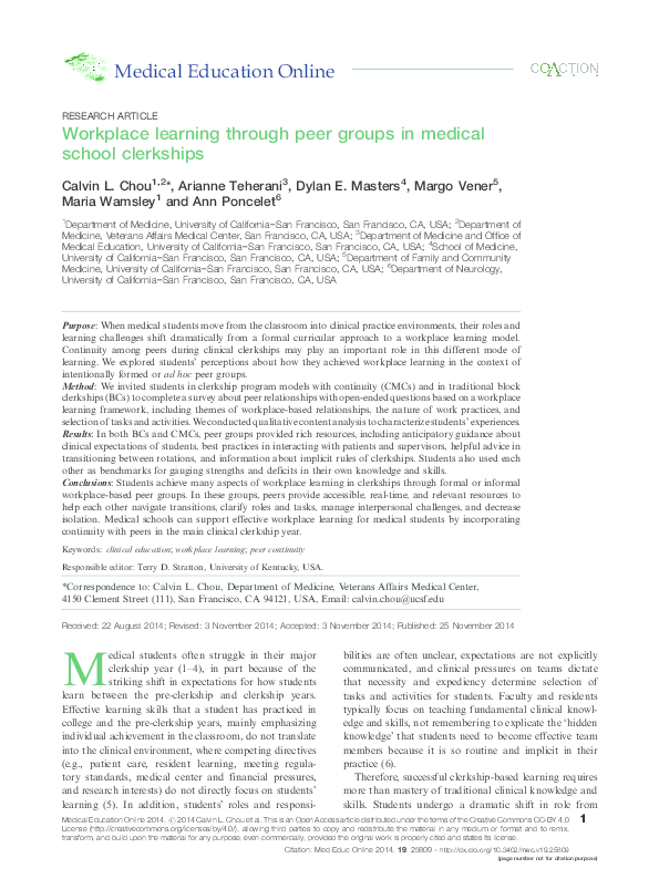 (PDF) Workplace learning through peer groups in medical school clerkships
