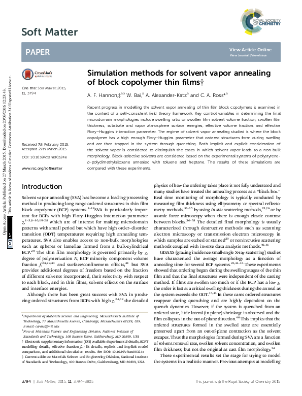 (PDF) Simulation methods for solvent vapor annealing of block copolymer ...