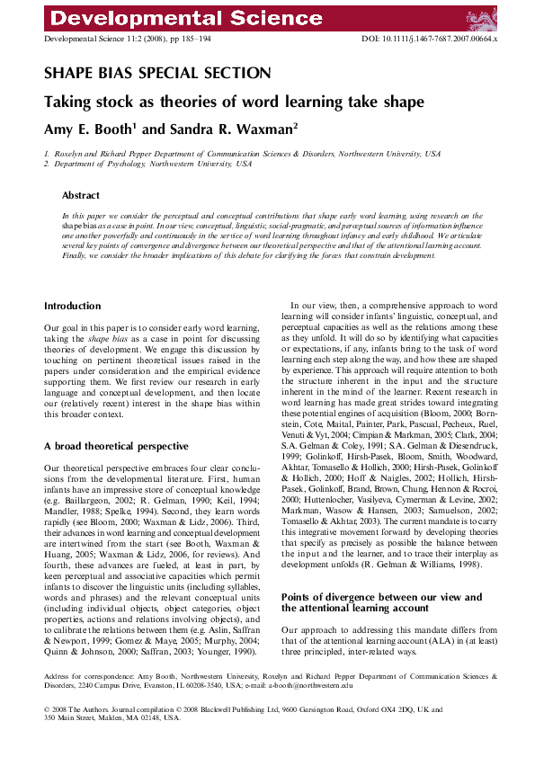 (PDF) Taking stock as theories of word learning take shape