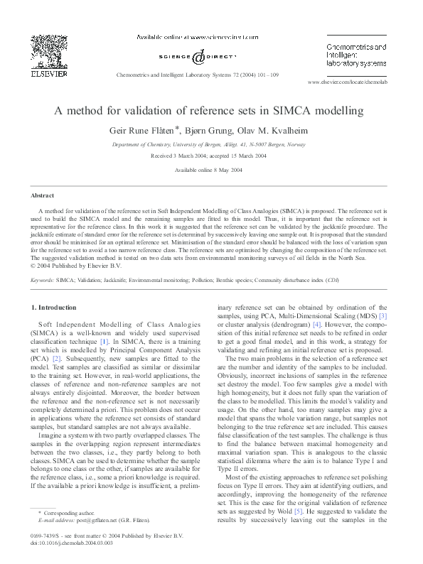 (PDF) A method for validation of reference sets in SIMCA modelling