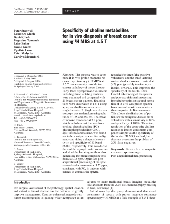 (PDF) Specificity of choline metabolites for in vivo diagnosis of ...