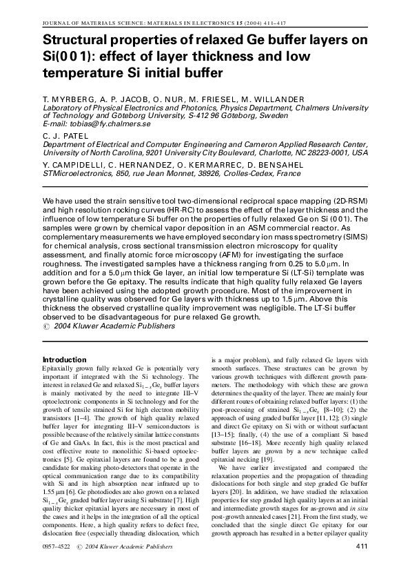 (PDF) Structural properties of relaxed Ge buffer layers on Si(0 0 1): effect of layer thickness ...