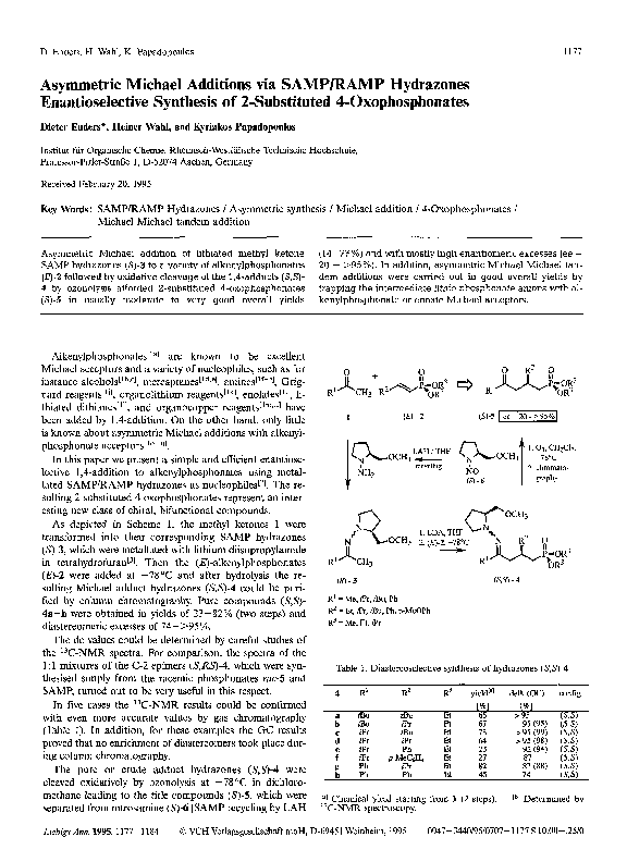 (PDF) Asymmetric Michael additions via SAMP-/RAMP-hydrazones ...