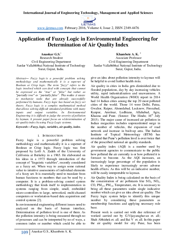 (PDF) Application of Fuzzy Logic in Environmental Engineering for Determination of Air Quality Index