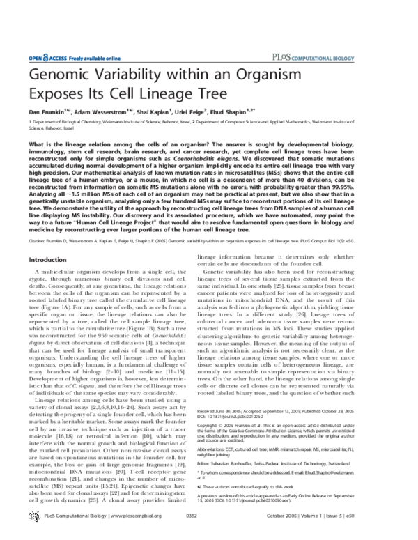 (PDF) Genomic Variability within an Organism Exposes Its Cell Lineage Tree | Ehud Shapiro ...