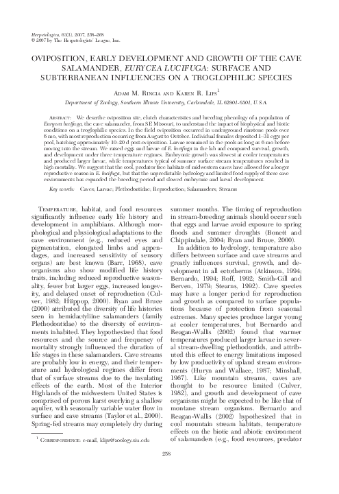 (PDF) OVIPOSITION, EARLY DEVELOPMENT AND GROWTH OF THE CAVE SALAMANDER ...