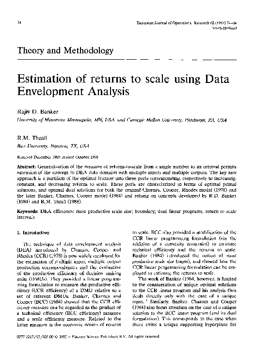 Pdf Estimation Of Returns To Scale Using Data Envelopment Analysis A