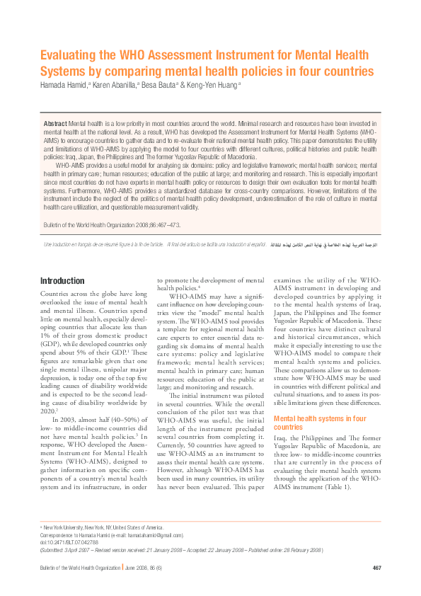 (PDF) Evaluting the WHO Assessment Instrument for Mental Health Systems ...