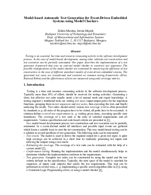 Pdf Model Based Automatic Test Generation For Event Driven Embedded Systems Using Model Checkers 