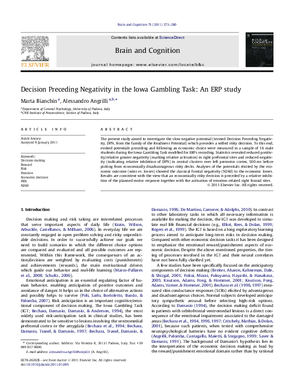 (PDF) Decision Preceding Negativity in the Iowa Gambling Task: An ERP study